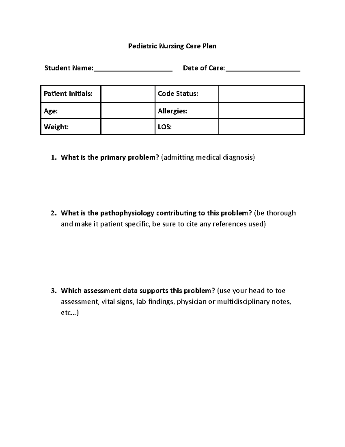 Pediatric Care Plan - care plan - Pediatric Nursing Care Plan Student ...