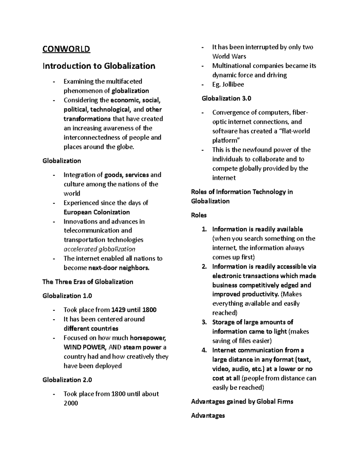 Conworld - For extra lectures - CONWORLD Introduction to Globalization - Examining the ...