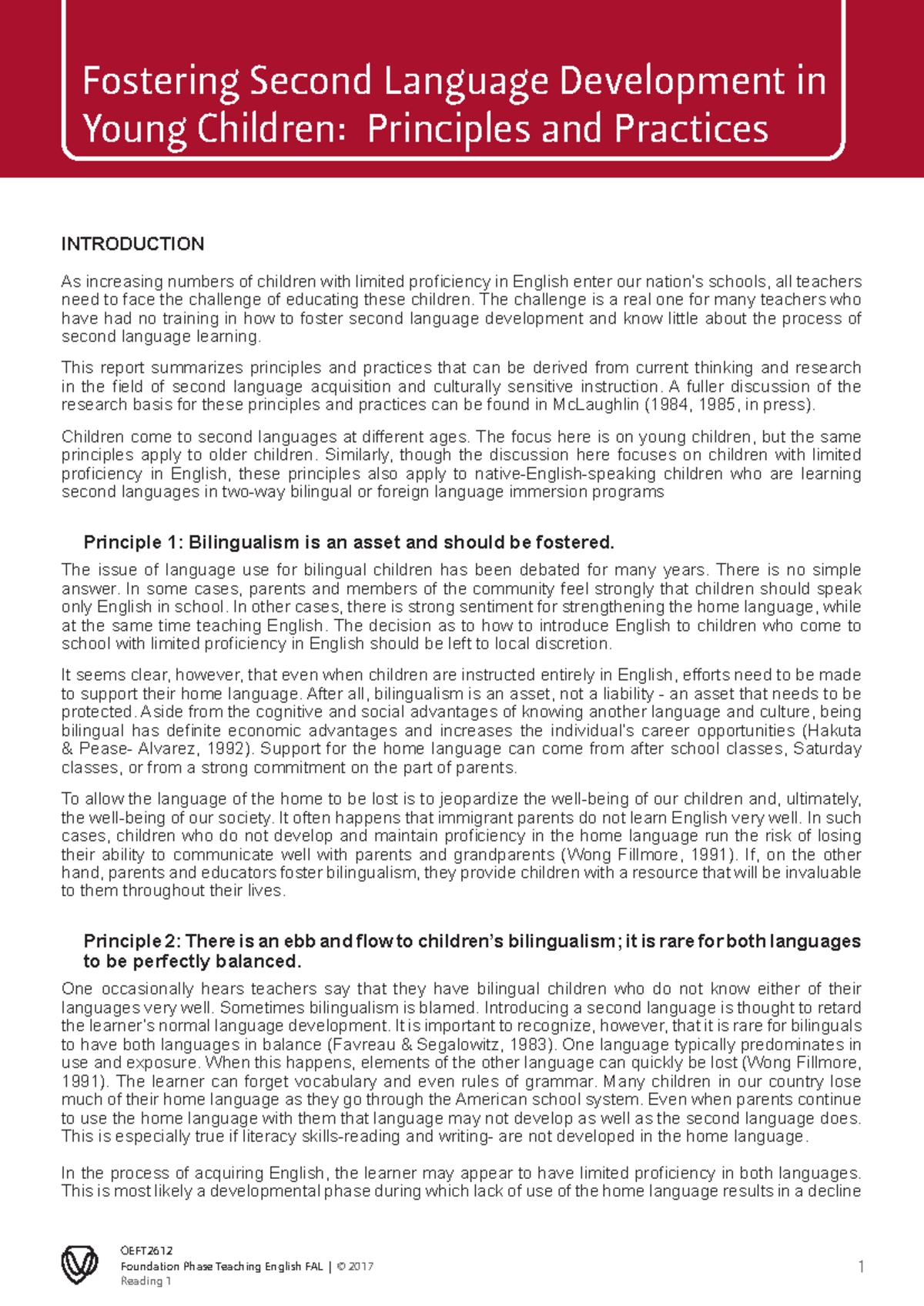 OEFT2612 Reading 1 - Fostering Second Language Development in Young ...