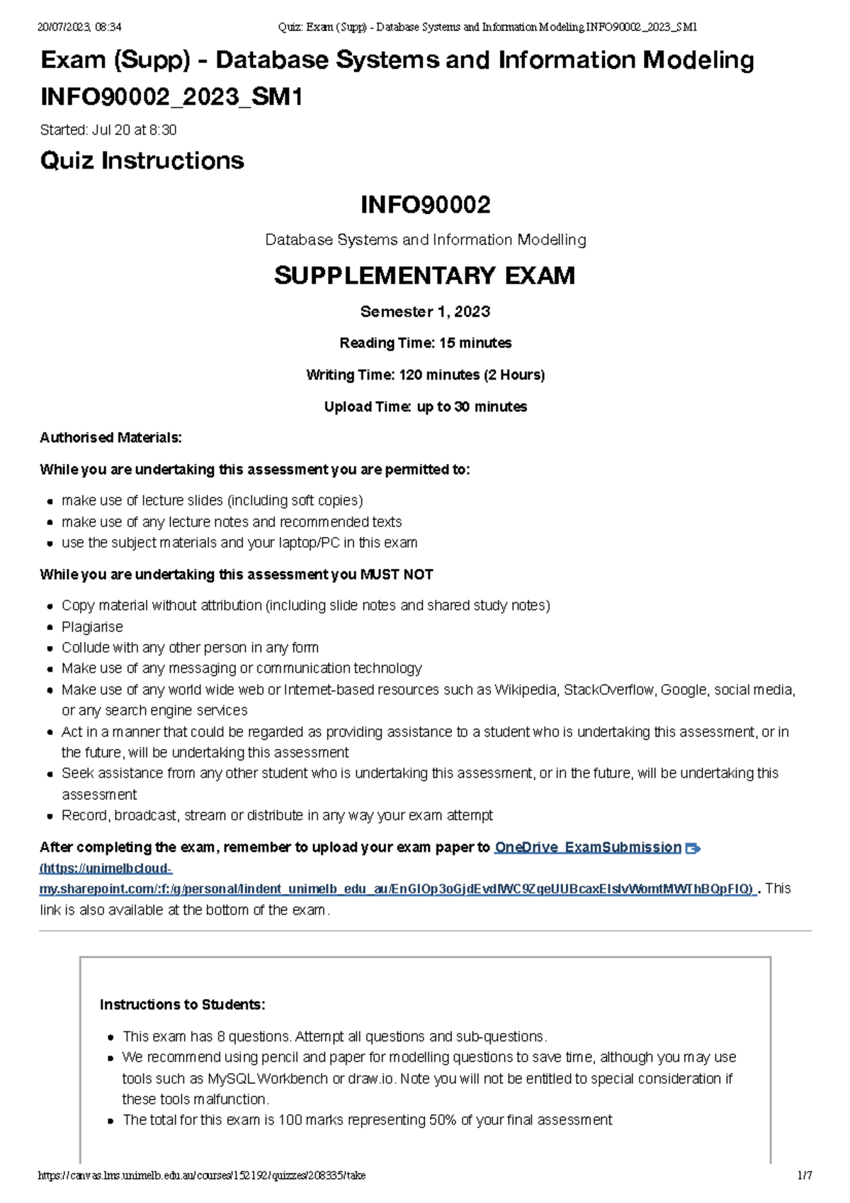 Quiz Exam (Supp) - Database Systems and Information Modeling INFO90002 ...