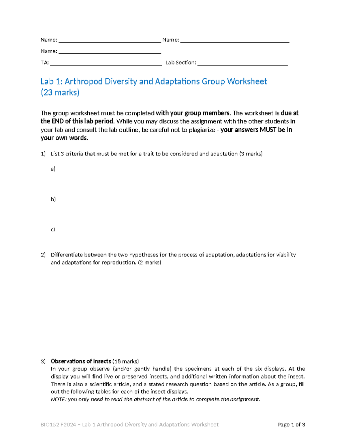 BIO152 F2024 Lab 1 Arthropod Diversity & Adaptations Worksheet - BIO152 ...