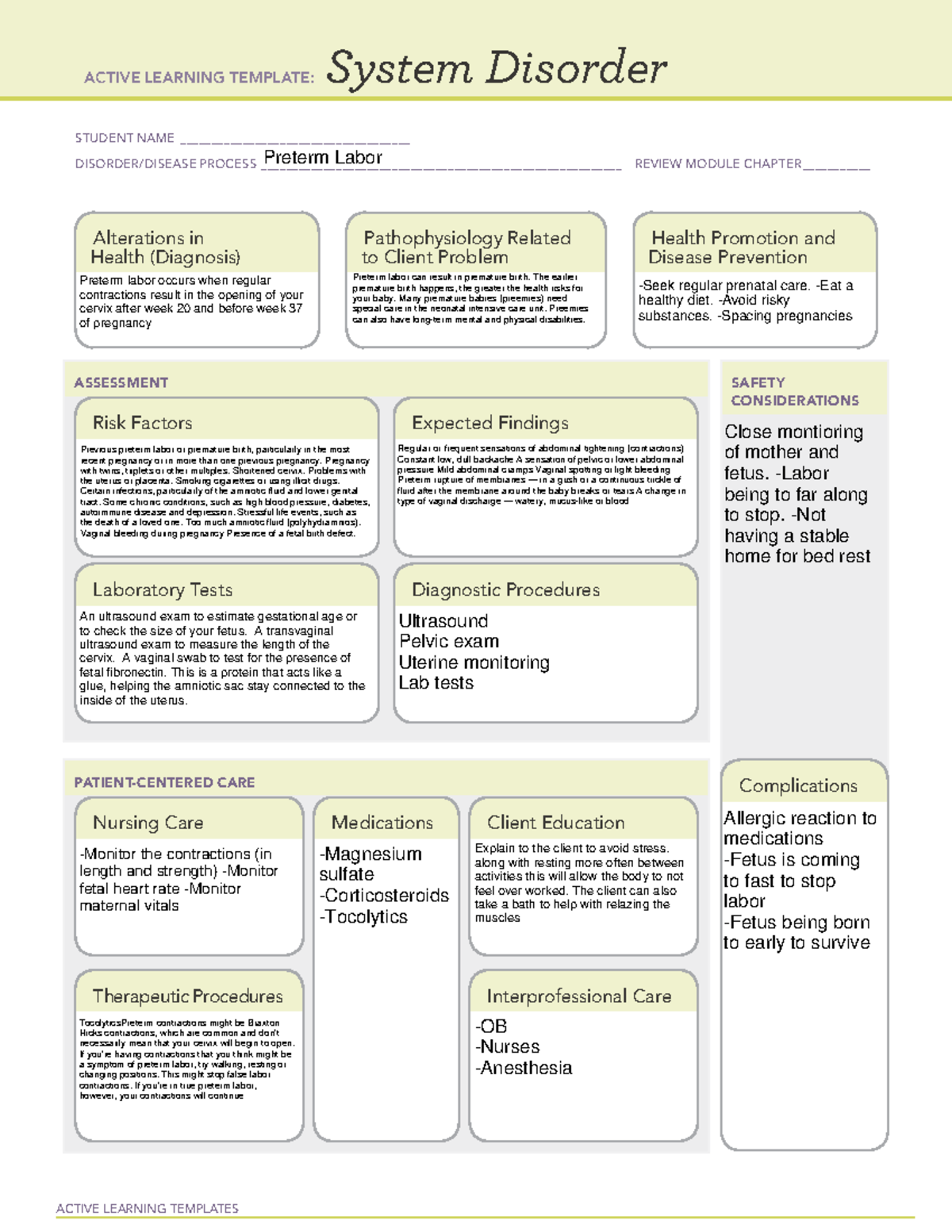 Preterm Labor - ACTIVE LEARNING TEMPLATES System Disorder STUDENT NAME ...