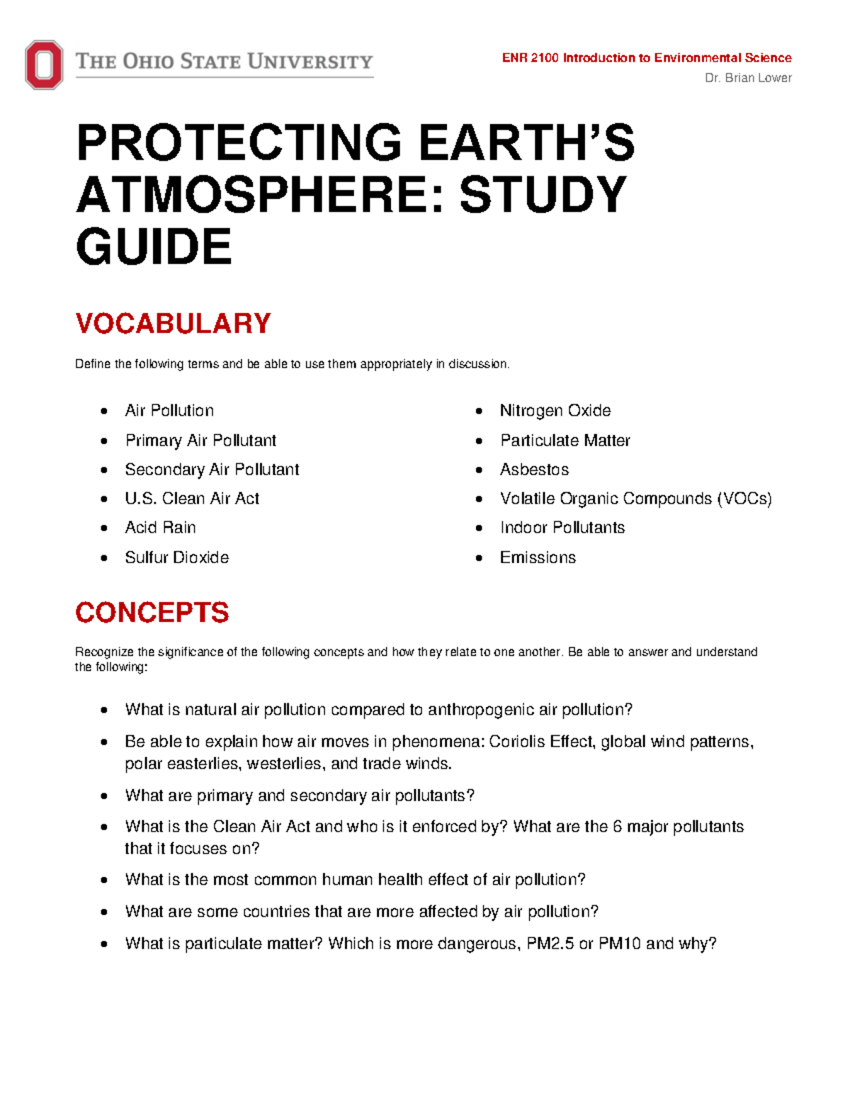 Protecting Earth's Atmosphere Study Guide - ENR 2100 Introduction to ...