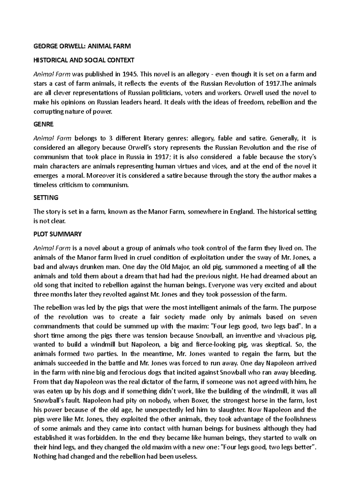 George Orwell - Animal FARM - GEORGE ORWELL: ANIMAL FARM HISTORICAL AND ...