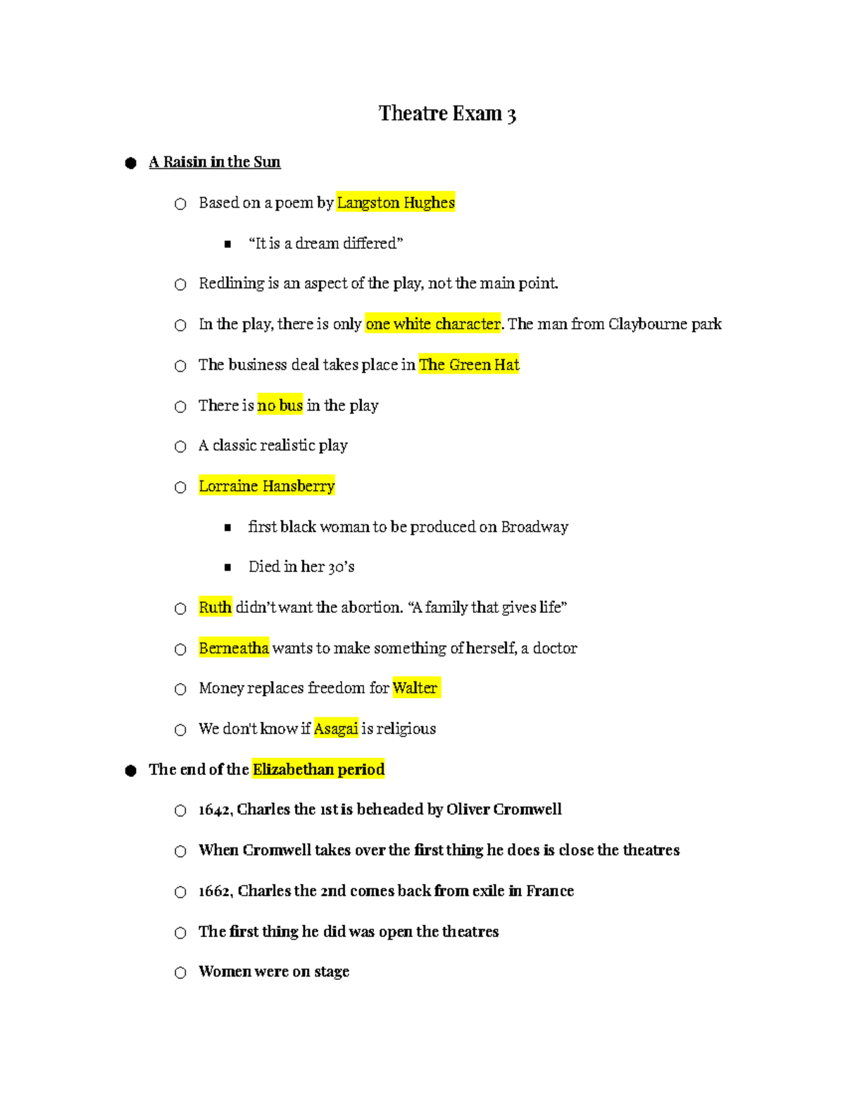 Theatre Notes Exam 3 - Theatre Exam 3 A Raisin in the Sun Based on a ...