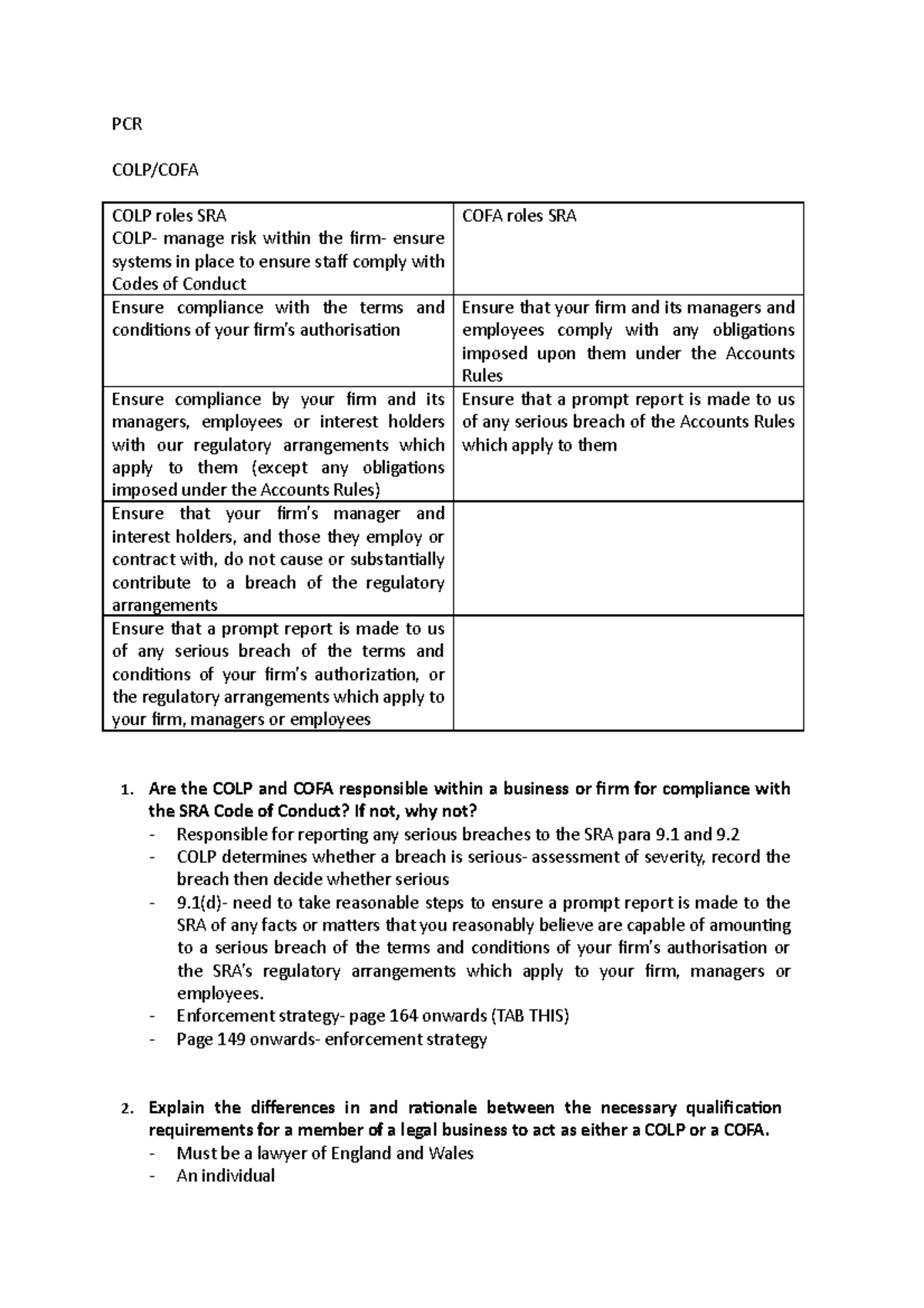 COLP:COFA - Lecture notes 4 - PCR COLP/COFA COLP roles SRA COLP- manage ...