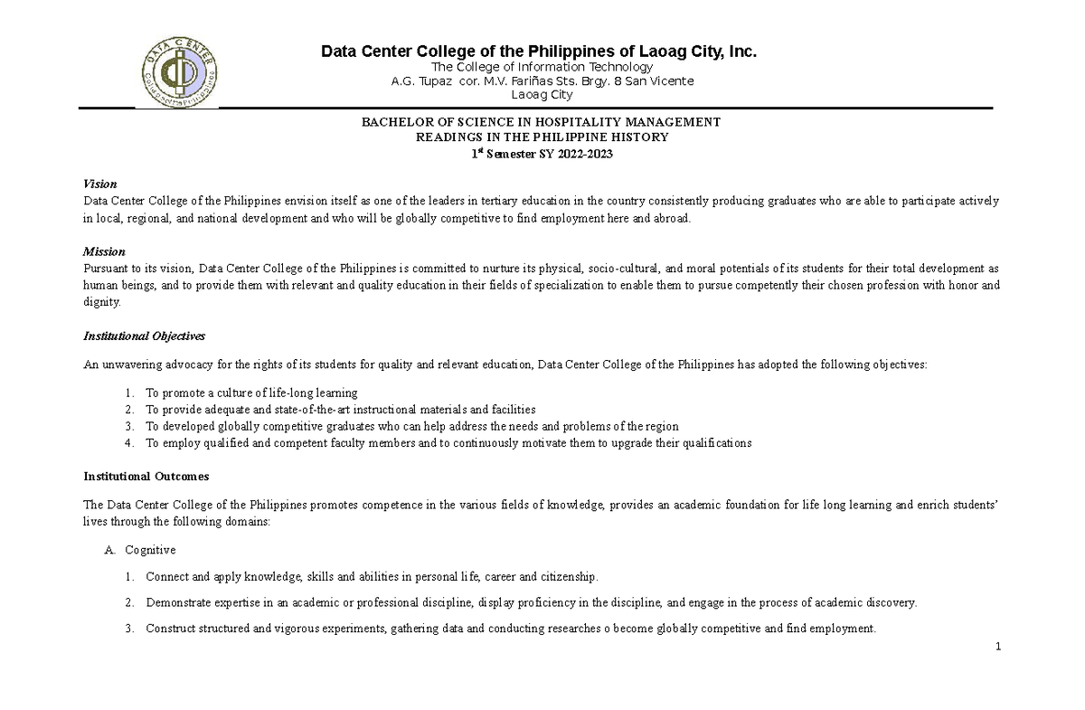 RIPH Syllabus BSHM 2022-1 - The College of Information Technology A ...