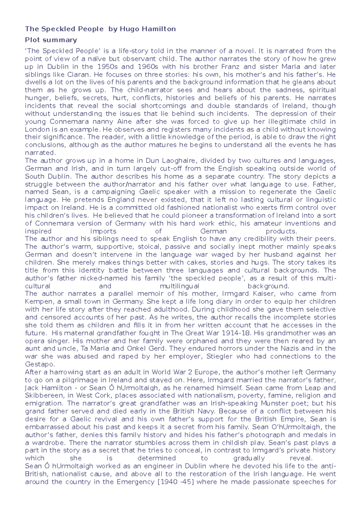 The speckled people - The Speckled People by Hugo Hamilton Plot summary ...