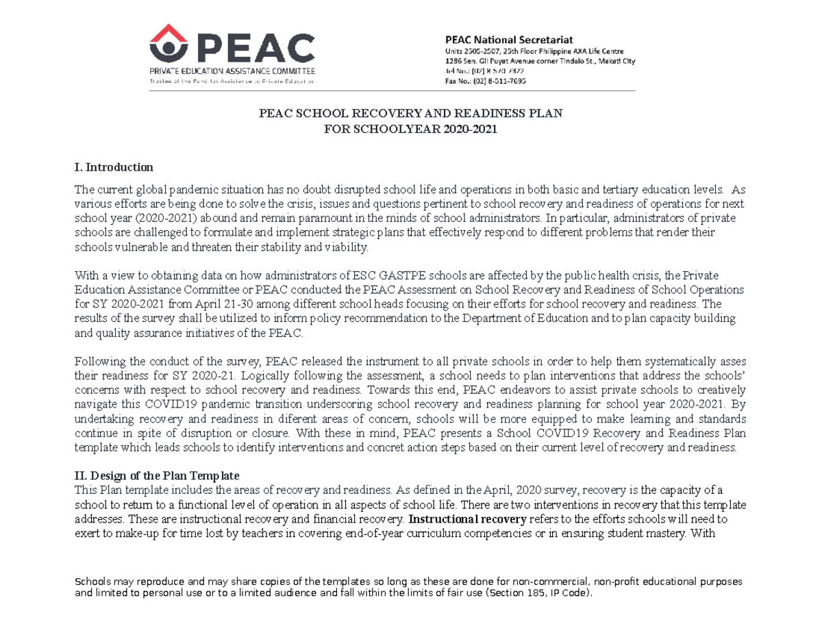 PEAC School Recovery and Readiness Plan SRRPv 1 PEAC SCHOOL RECOVERY