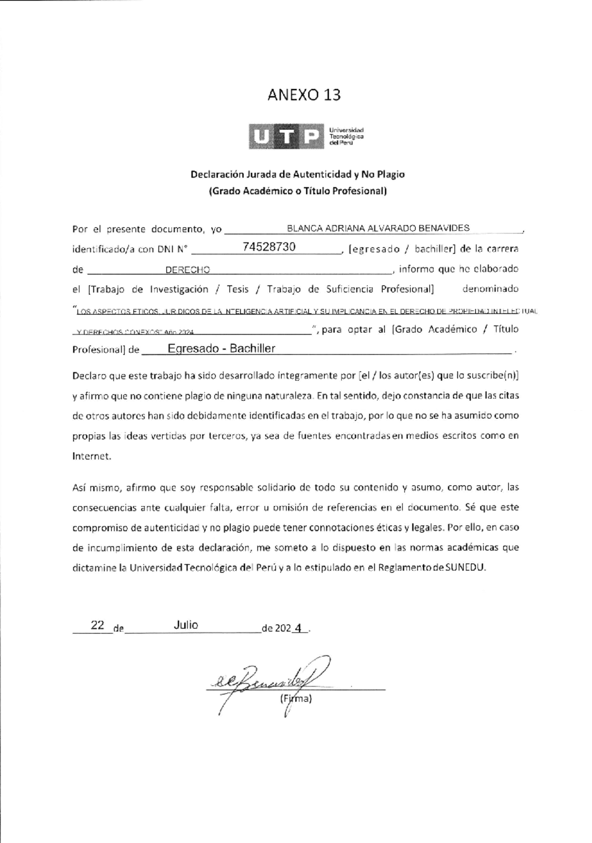 Anexo 13 - ANEXO 13 Universidad UTP Tecnológica del Perú Declaración Jurada de Autenticidad y No ...