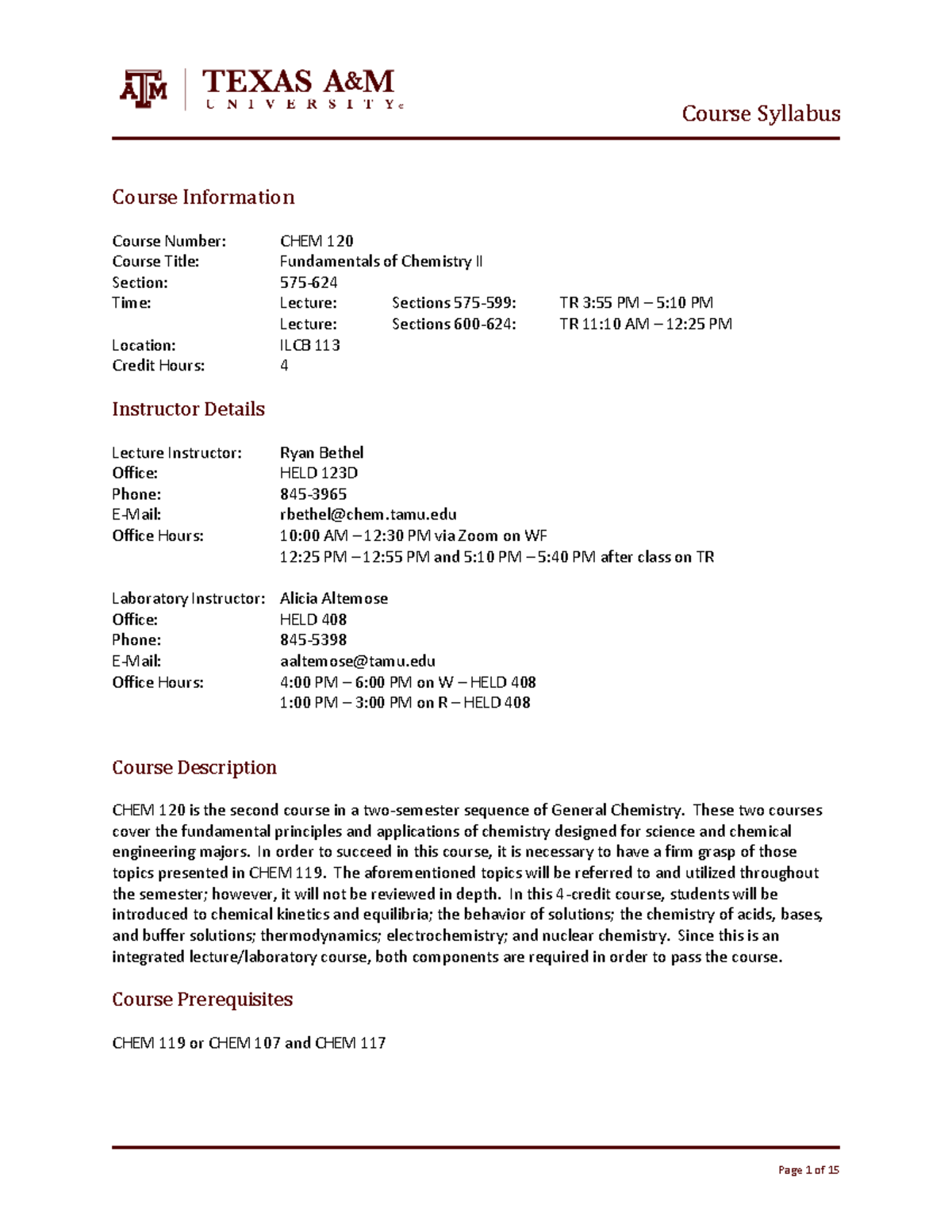 Spring 22 - CHEM 120 Syllabus - Course Information Course Number: CHEM ...