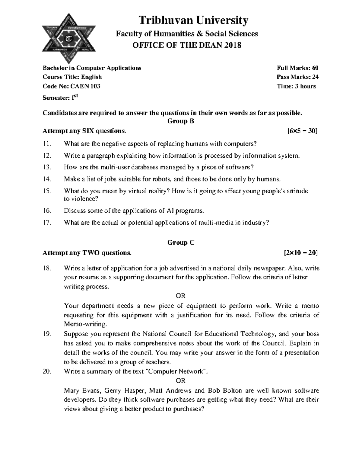 English I CAEN103 2018 - Old question - Tribhuvan University Faculty of ...