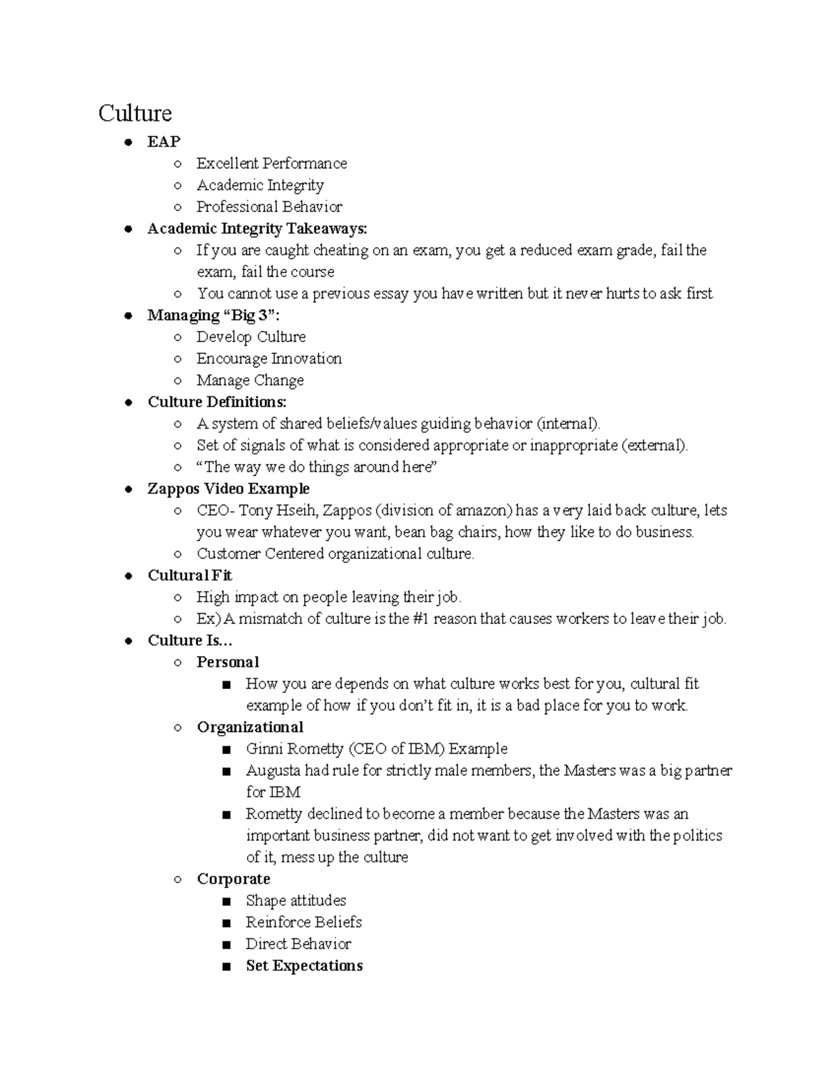 Management Final Study Guide - Culture EAP Excellent Performance ...