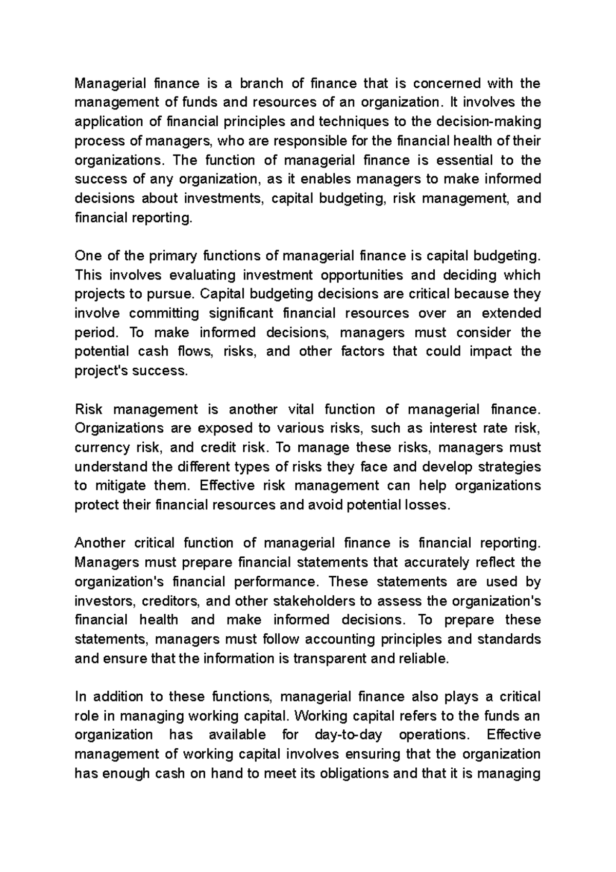 Lecture Notes A Branch of Finance Managerial Finance - Managerial ...