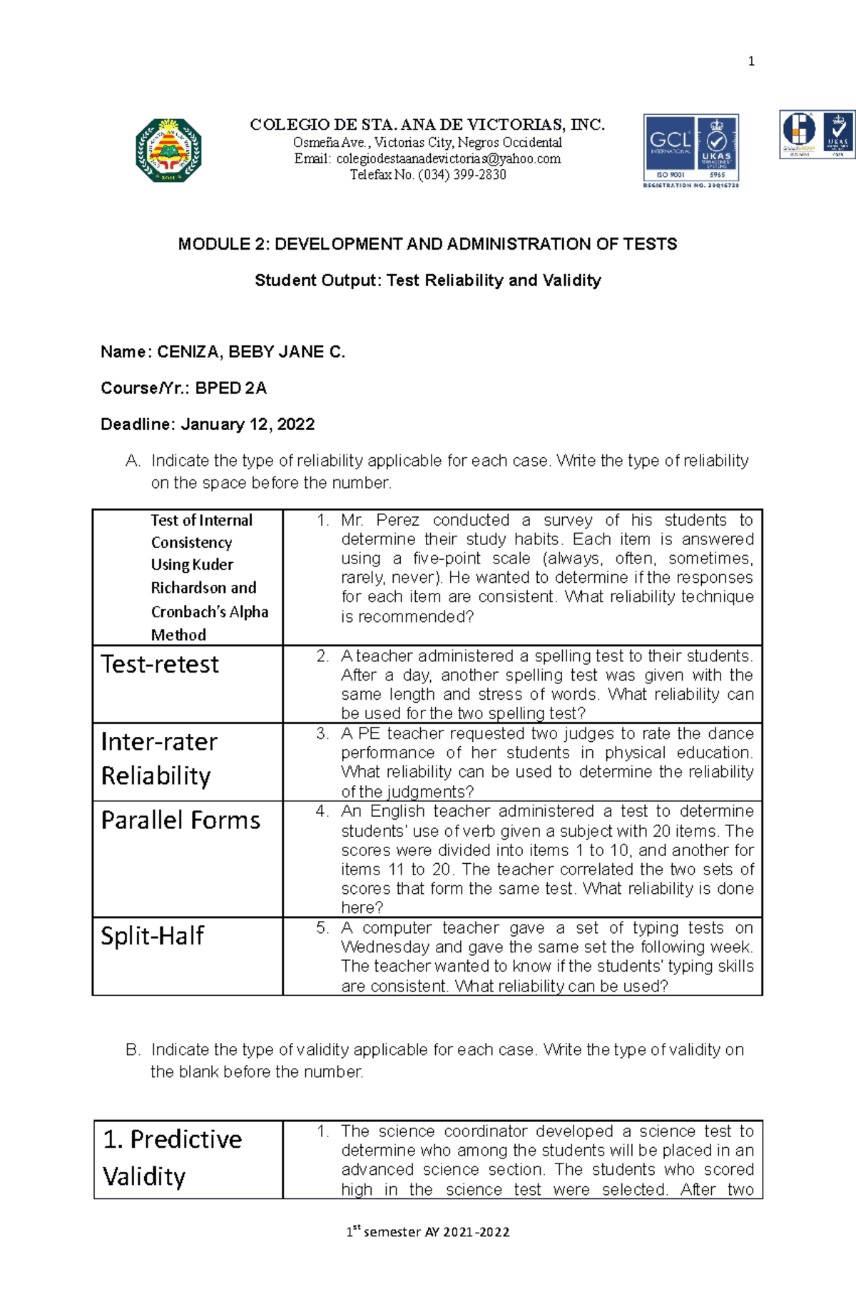 Student Output Reliability and Validity - 1 COLEGIO DE STA. ANA DE ...