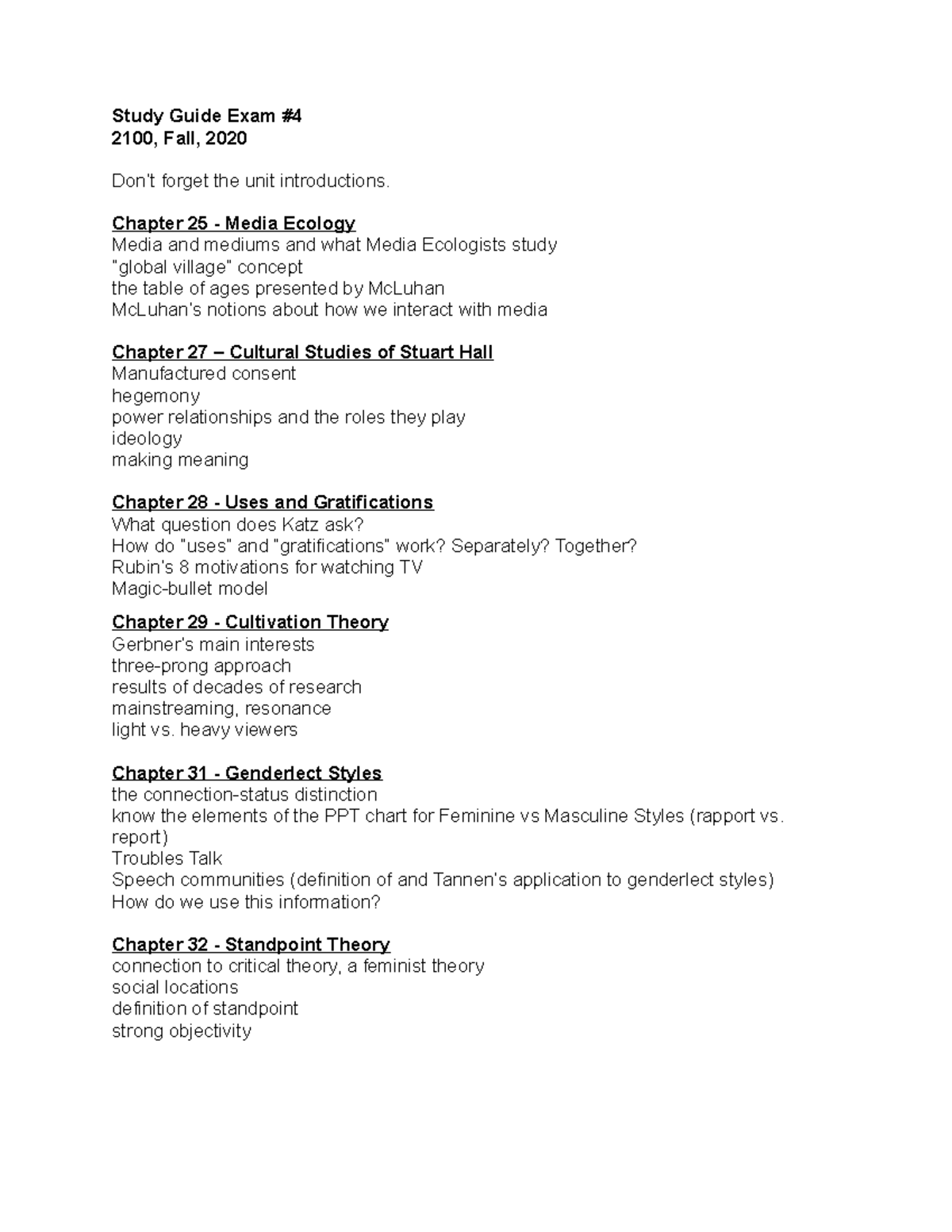 2100 Exam 4 Study Guide Exam - Fall 2020 - Study Guide Exam # 2100, Fall, 2020 Don’t forget the ...