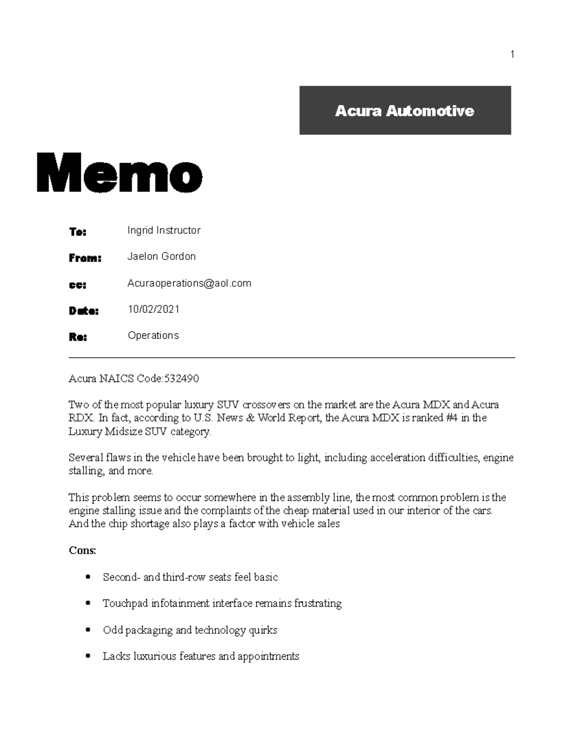 Acura Automotive - raa - 1 Acura Automotive Memo To: Ingrid Instructor ...