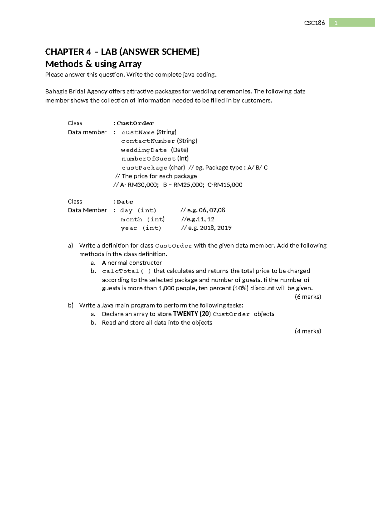 Answer LAB Chapter 4 - Methods using Arrays - CHAPTER 4 – LAB (ANSWER SCHEME) Methods & using ...
