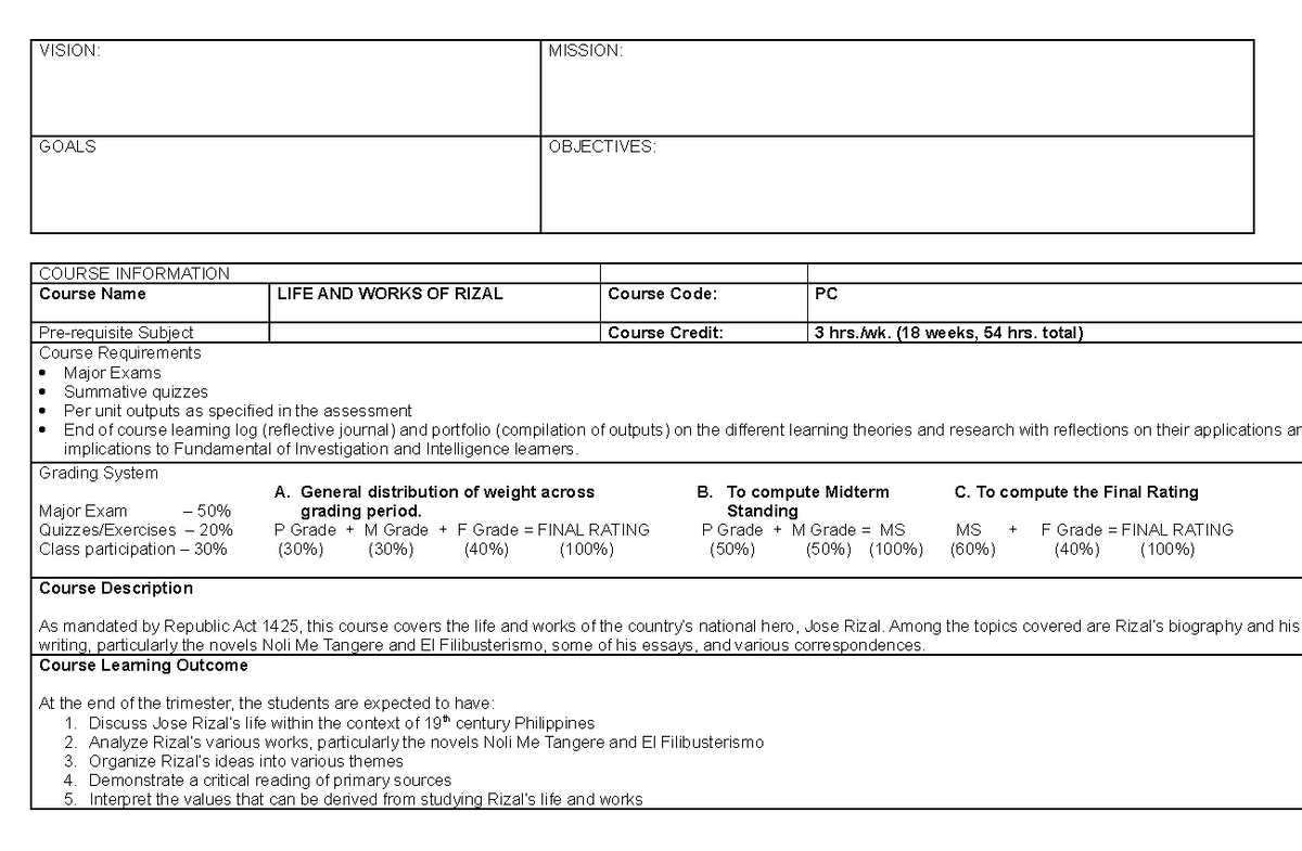 THE LIFE AND Works OF Rizal - VISION: MISSION: GOALS OBJECTIVES: COURSE ...