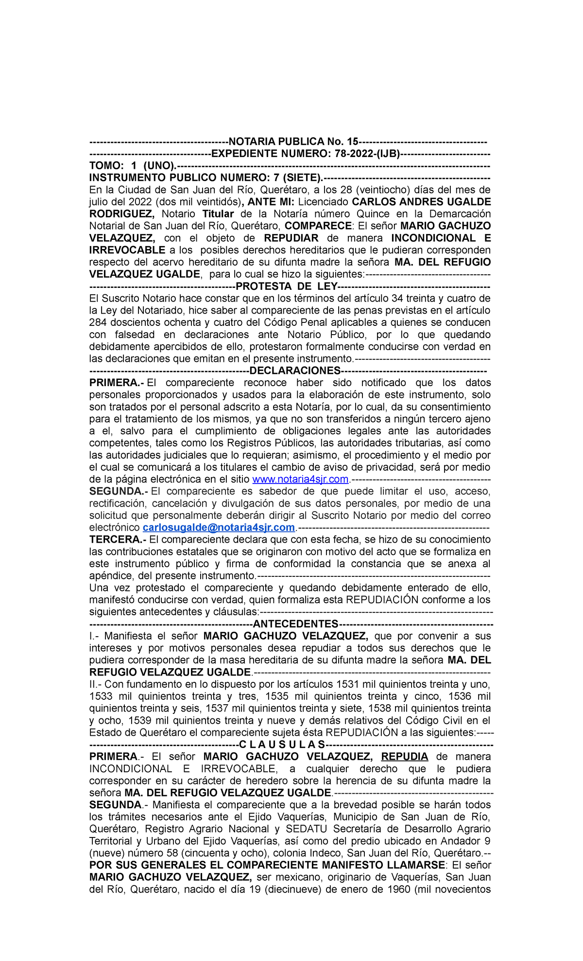 7 - ESCRITURA PUBLICA -NOTARIA PUBLICA No. 15-EXPEDIENTE NUMERO: 78 ...
