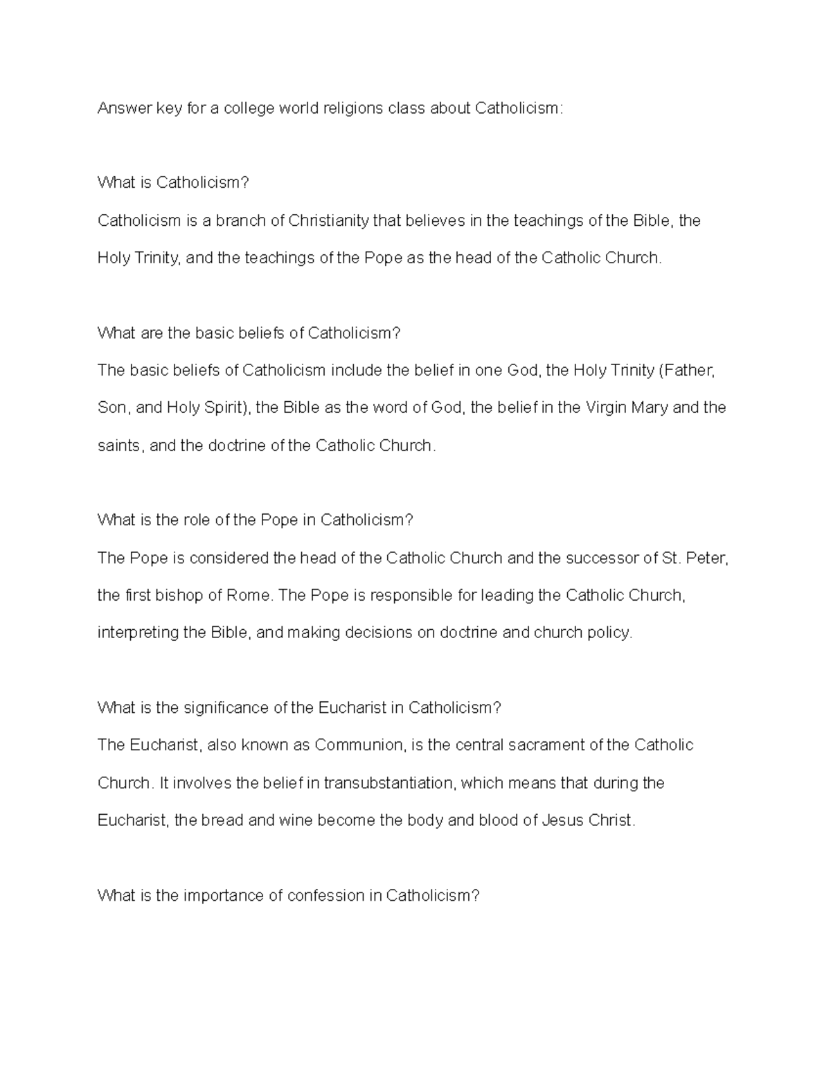 Answer key for a college world religions class about Catholicism - What ...