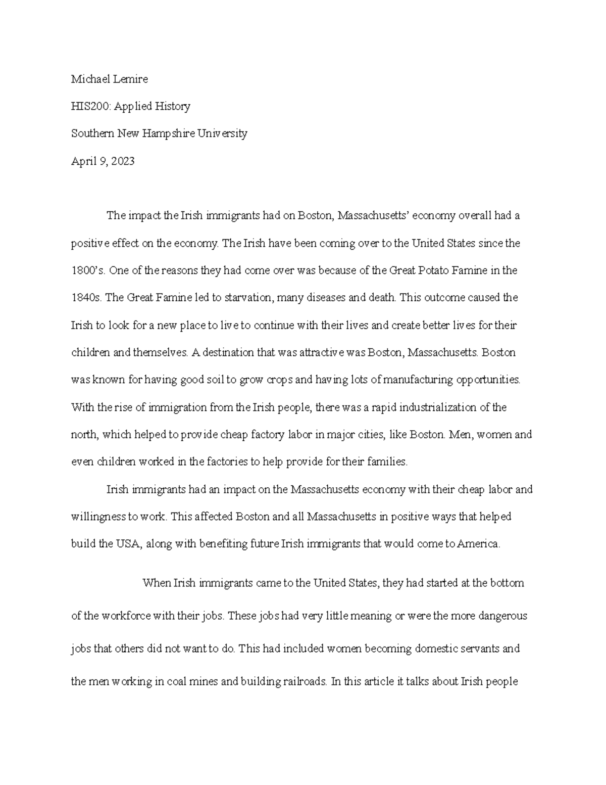 Historical Analysis Check 4 4 15 - Michael Lemire HIS200: Applied ...