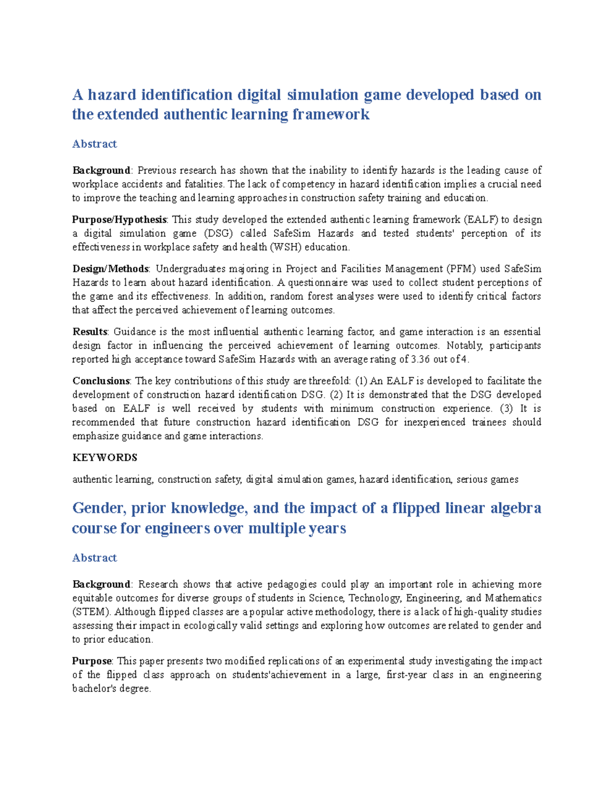 Sample abstracts - A hazard identification digital simulation game ...