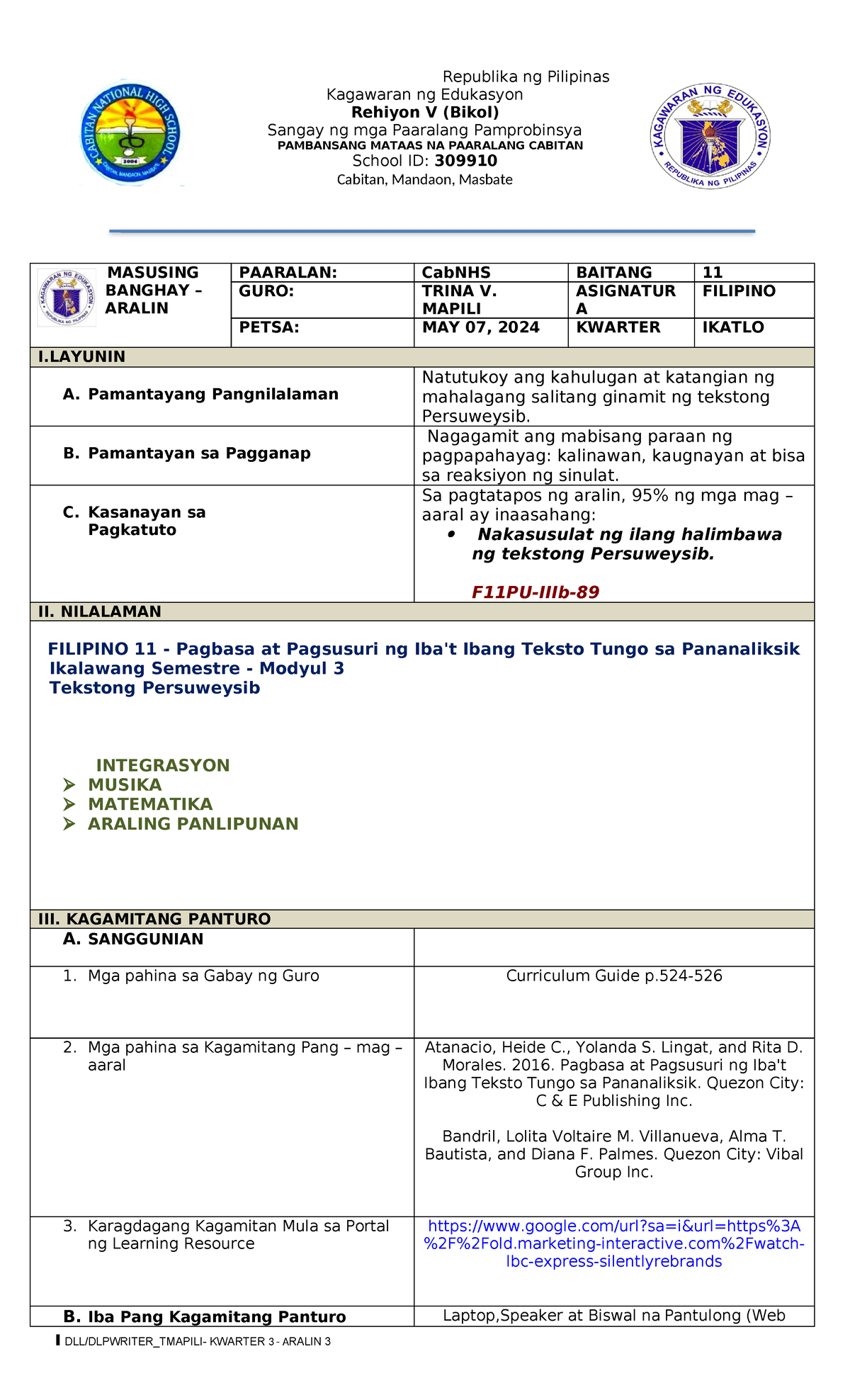 Trina V. Mapili (DLP-SHS) - Republika ng Pilipinas Kagawaran ng ...