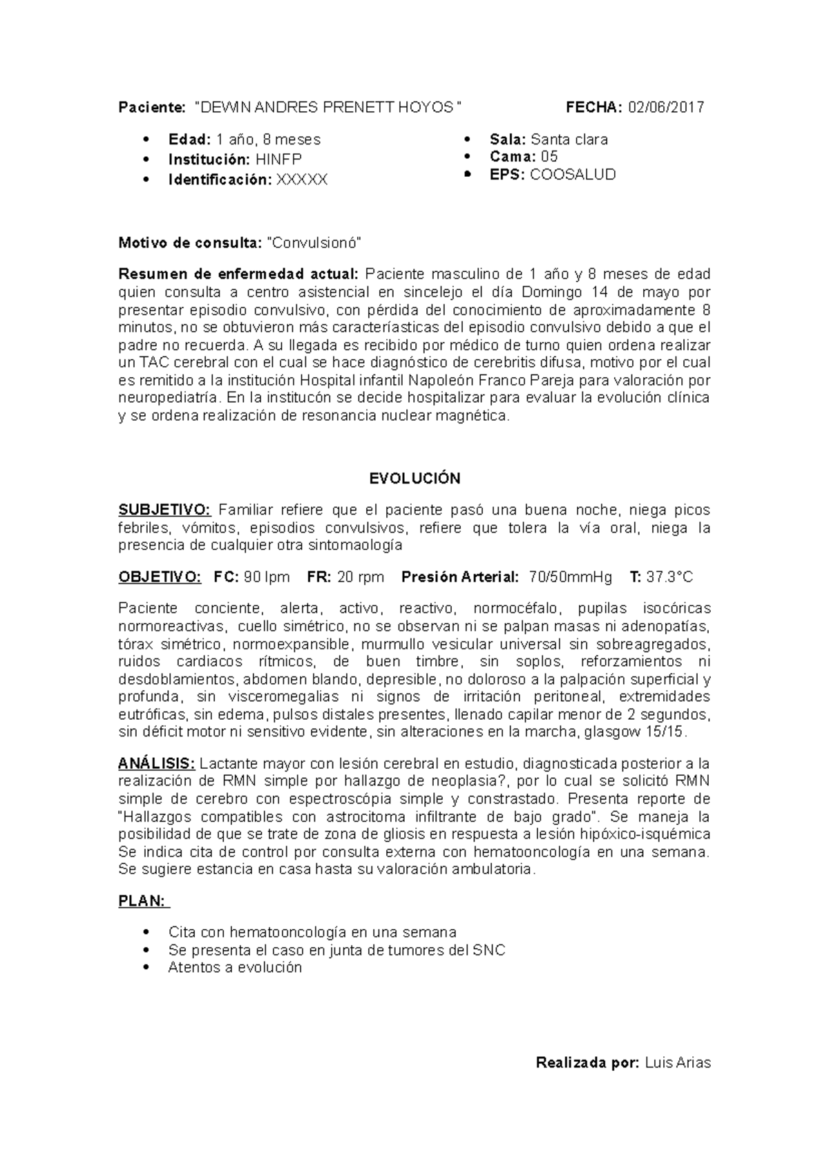 Modelo DE Evolucion Clinica - Paciente: “DEWIN ANDRES PRENETT HOYOS ...