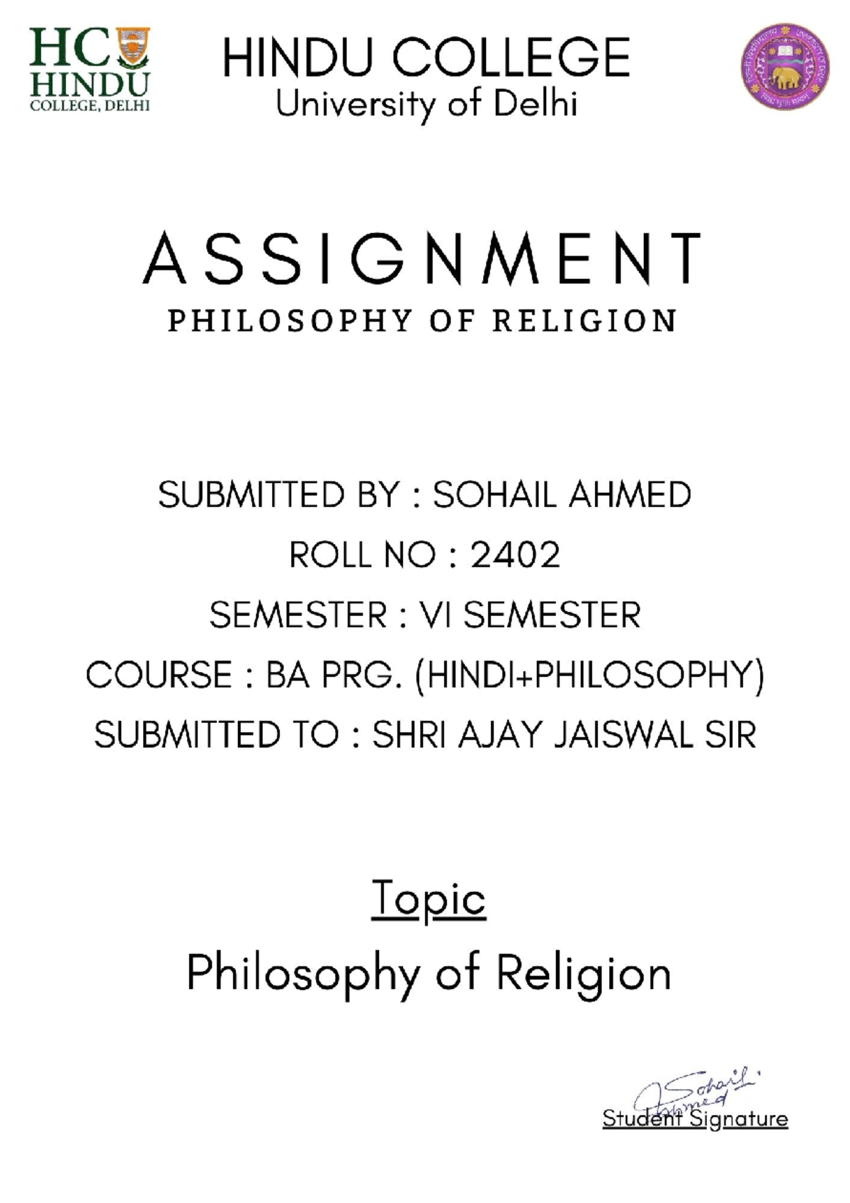 Sohail - Philosophy of Religion Assignment - . .J. I - 4 V) f 1 t , 1 i ...