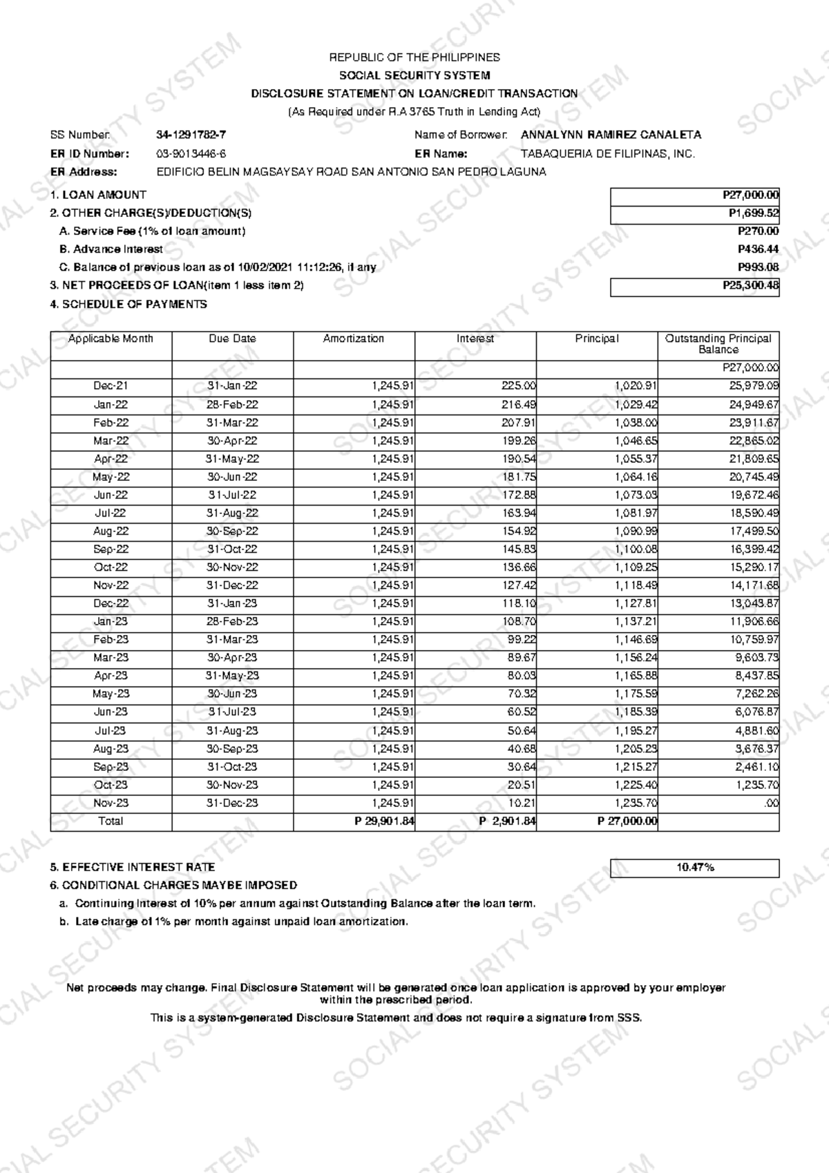 Anna Amortization for SSS ContributionUsed fir educational purposes ...