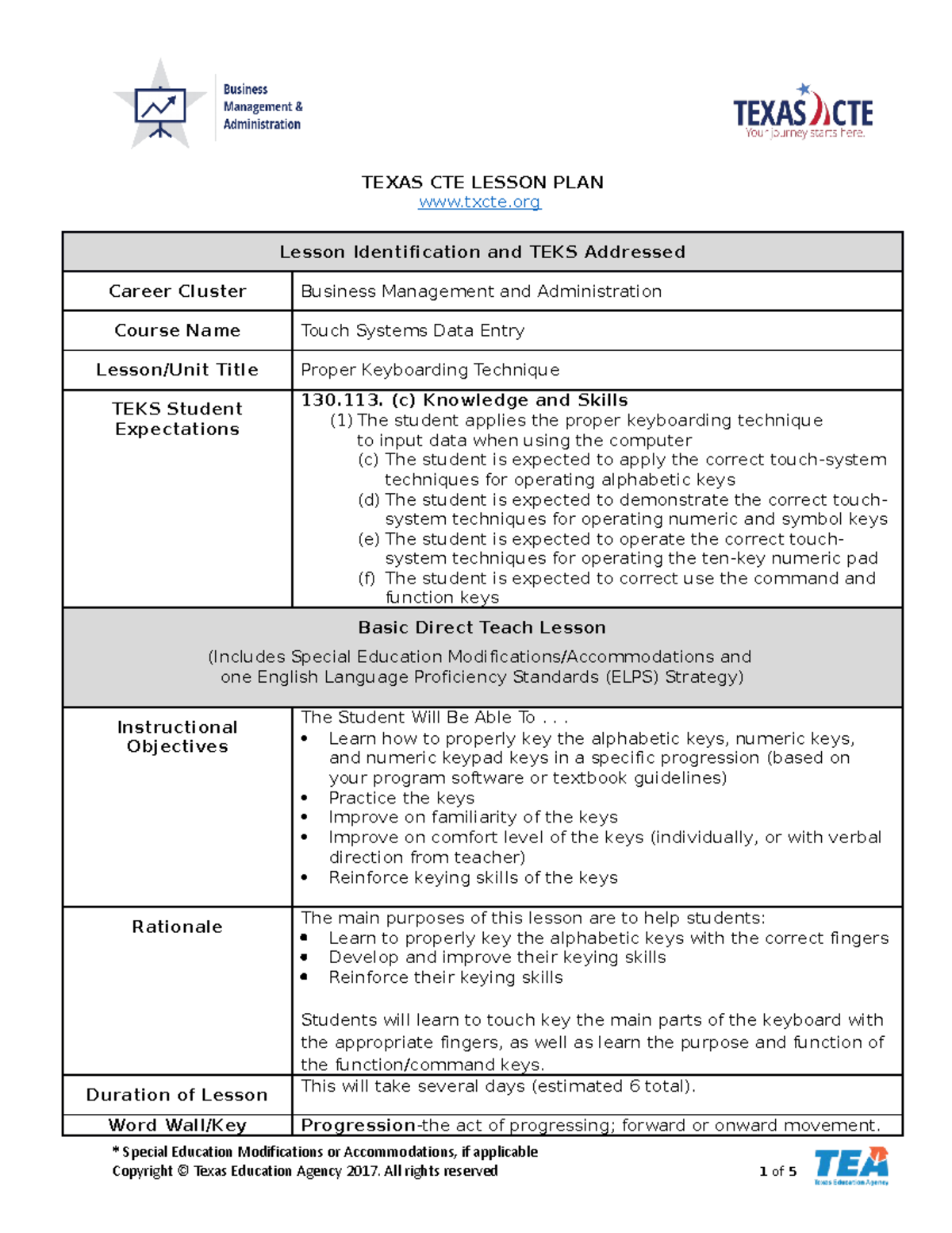 Lesson Plan Proper Keyboarding Technique 0 - TEXAS CTE LESSON PLAN ...