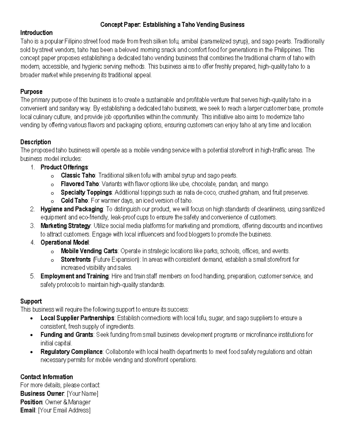 Sample Concept Paper - Concept Paper: Establishing a Taho Vending ...