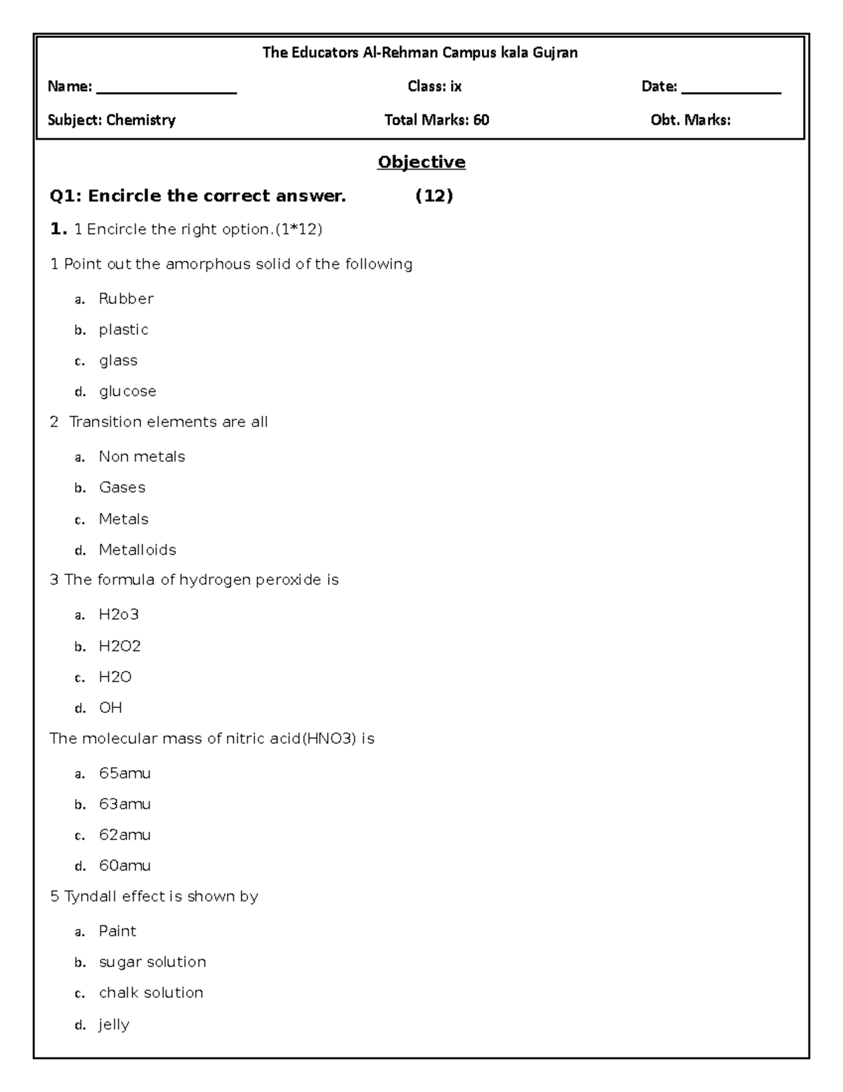 DOC-20230608-WA0005 - Objective Q1: Encircle the correct answer. (12) 1 ...