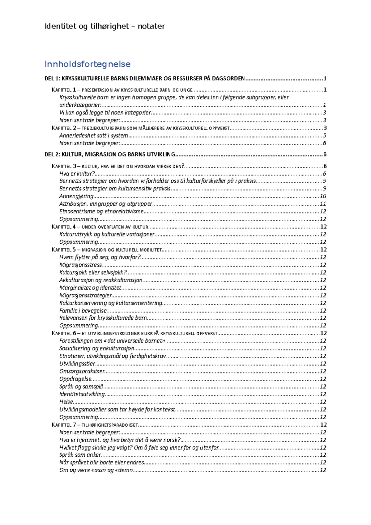 Identitet og tilhørighet – notater - Innholdsfortegnelse DEL 1 ...