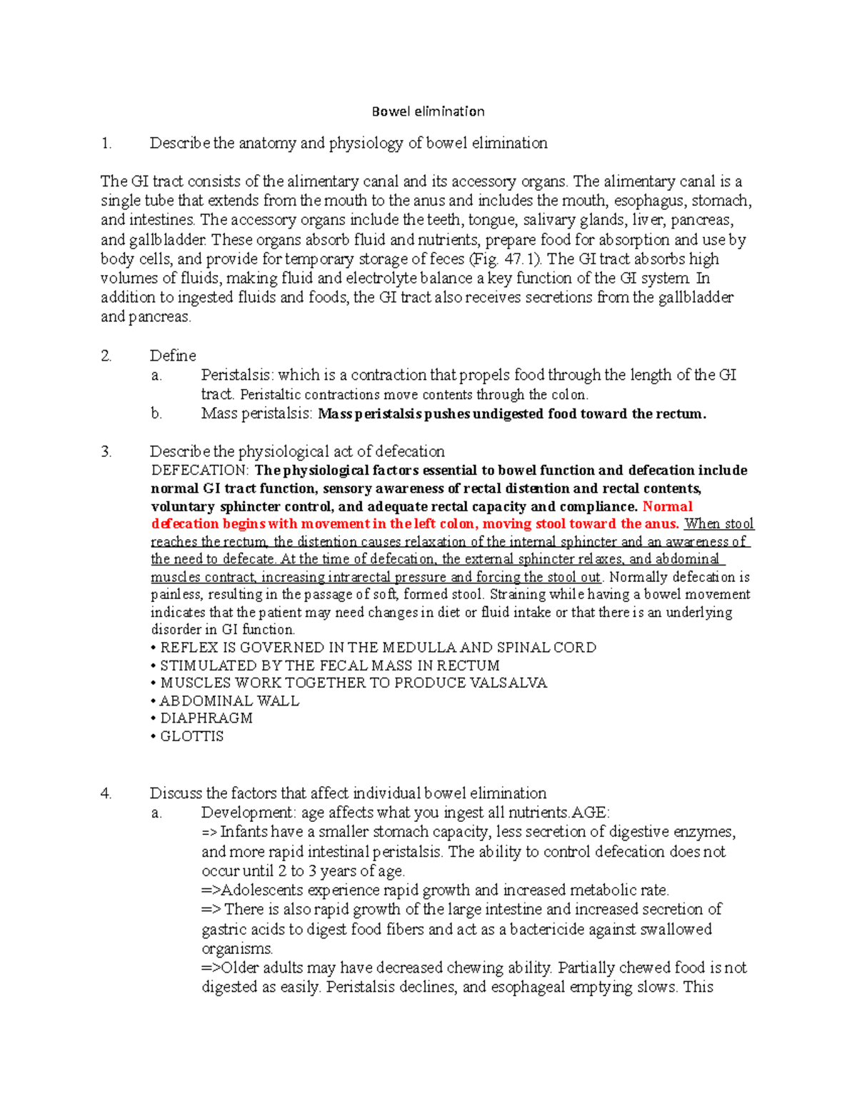 Bowel Elimination - lecture notes - Bowel elimination 1. Describe the ...