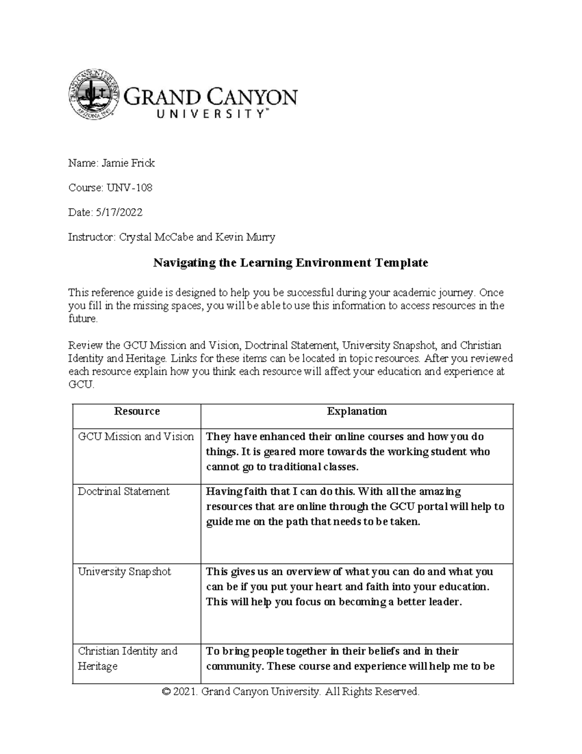 navigating the learning environment 5-2022 - Name: Jamie Frick Course ...