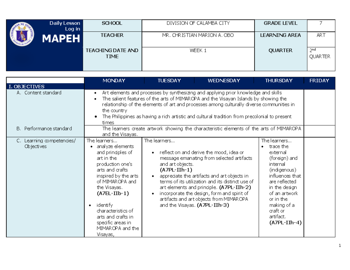 Q2 Grade 7 Arts DLL Week 1 - MONDAY TUESDAY WEDNESDAY THURSDAY FRIDAY I ...