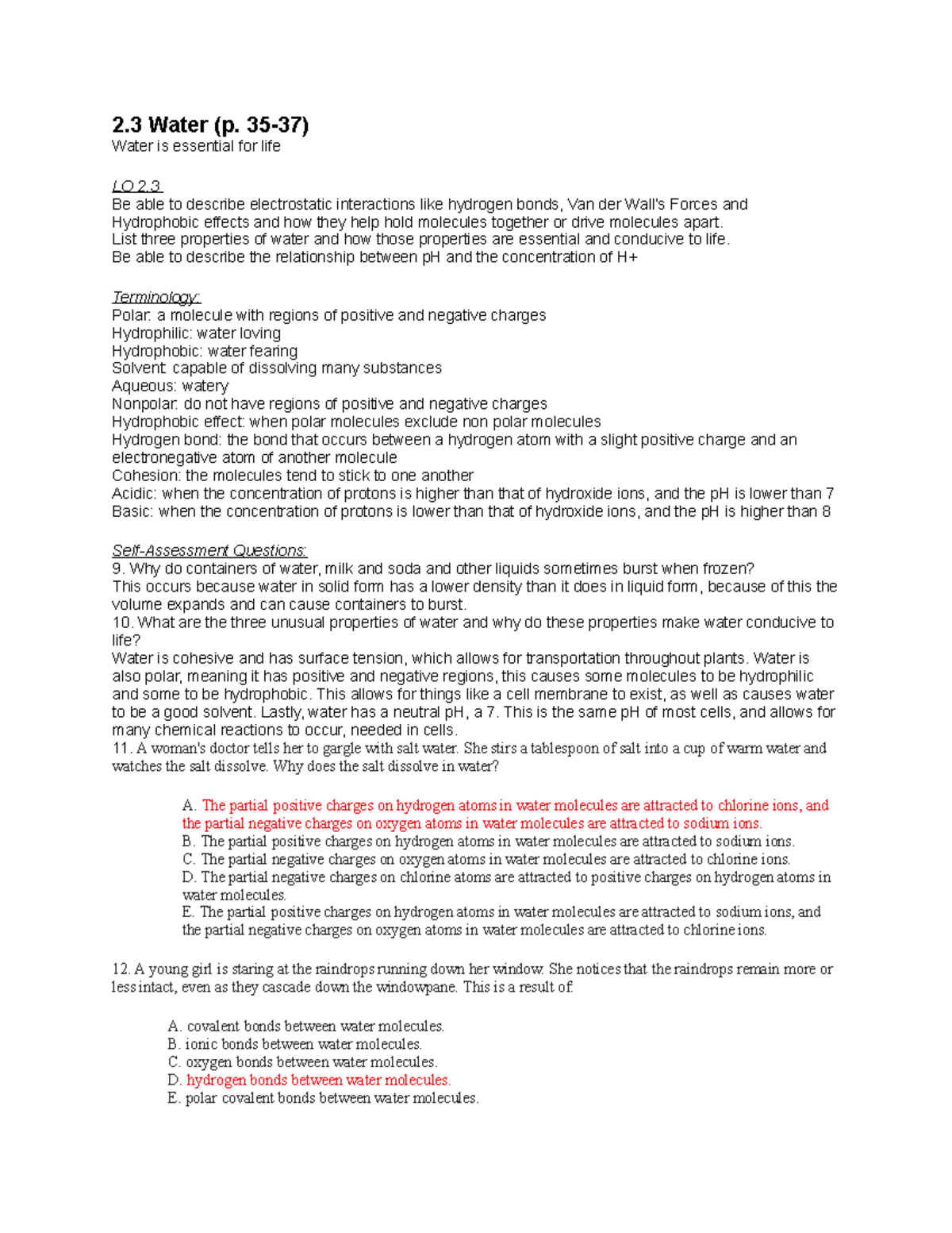 Chapter 2.3 Reading Guide - 2 Water (p. 35-37) Water is essential for ...
