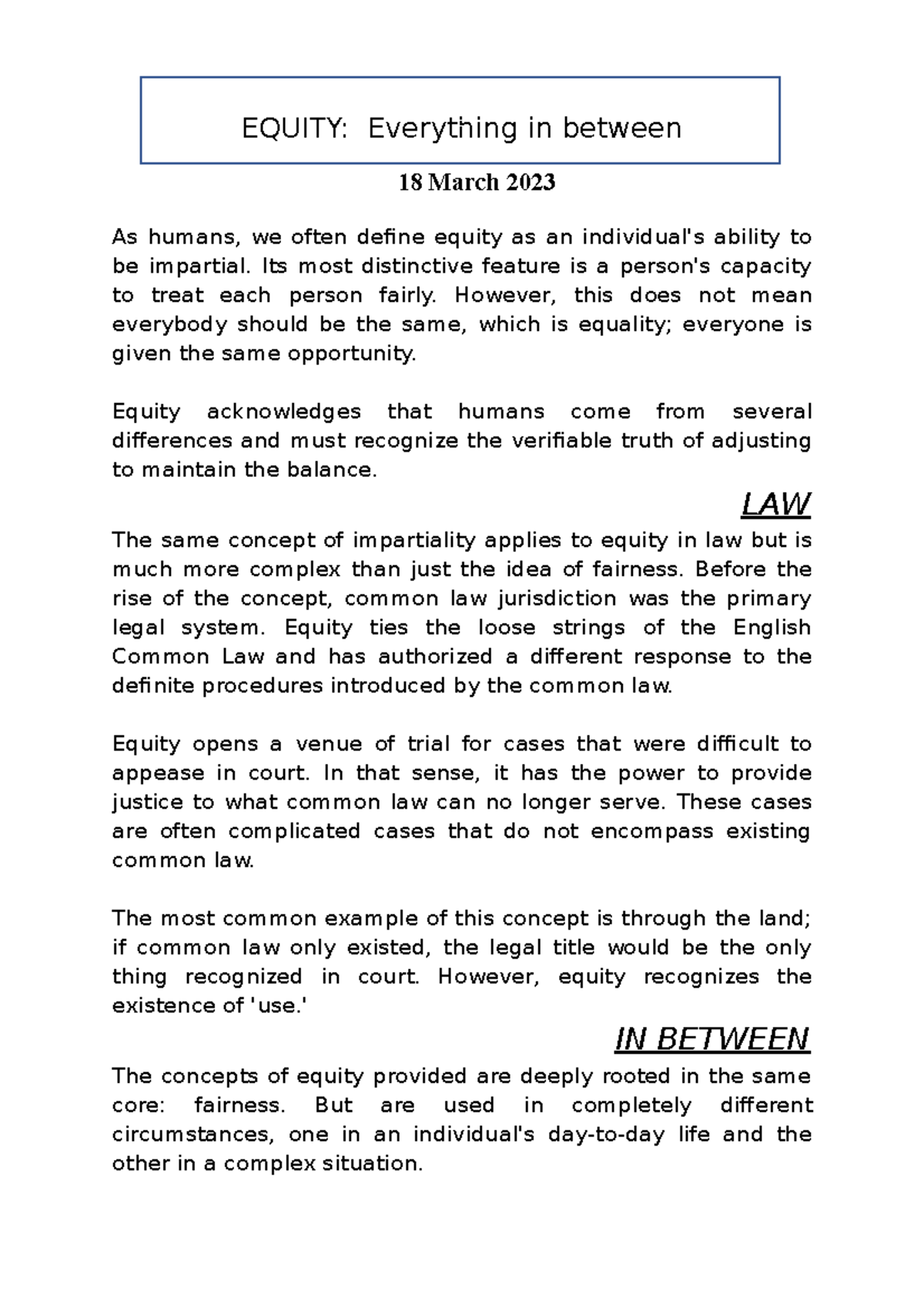 Equity Assessment 1 - EQUITY: Everything in between 18 March 2023 As ...
