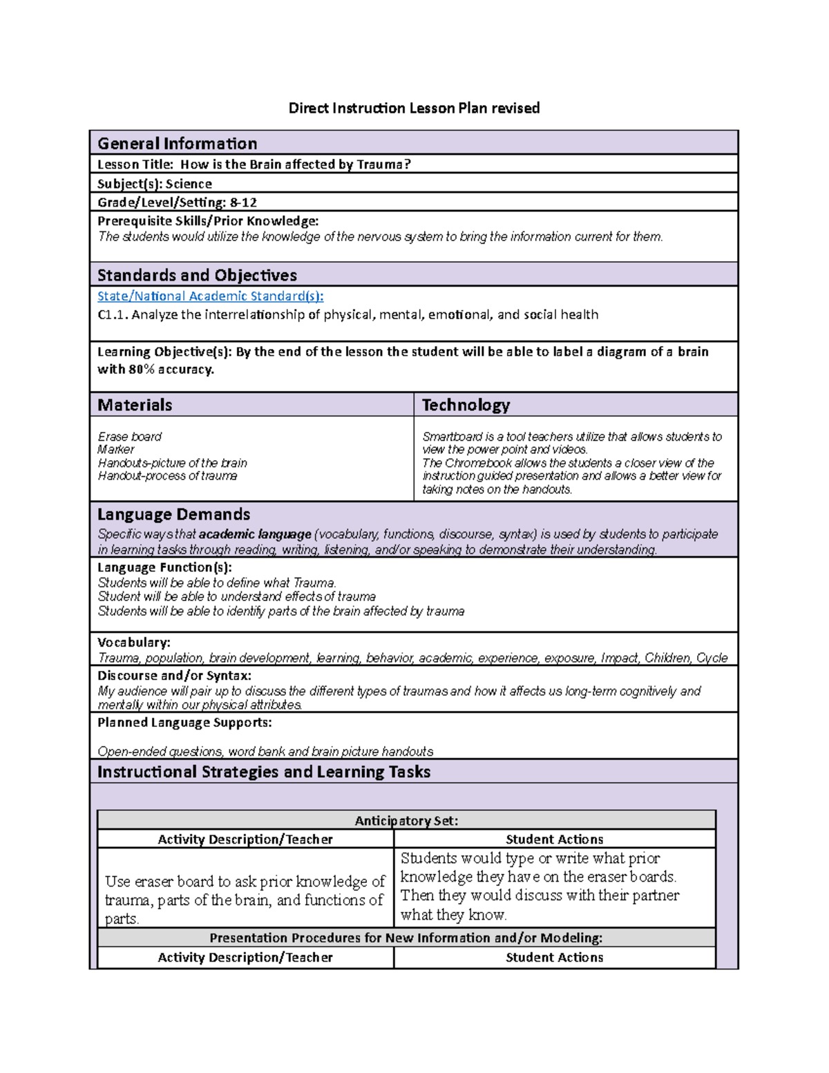 Direct Instruction Lesson Plan revised - Standards and Objectives State ...