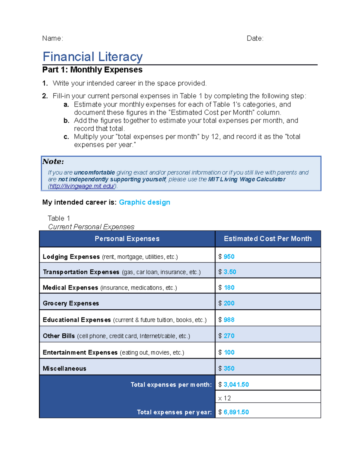 Financial Literacy Assignment - Name: Date: Financial Literacy Part 1 ...
