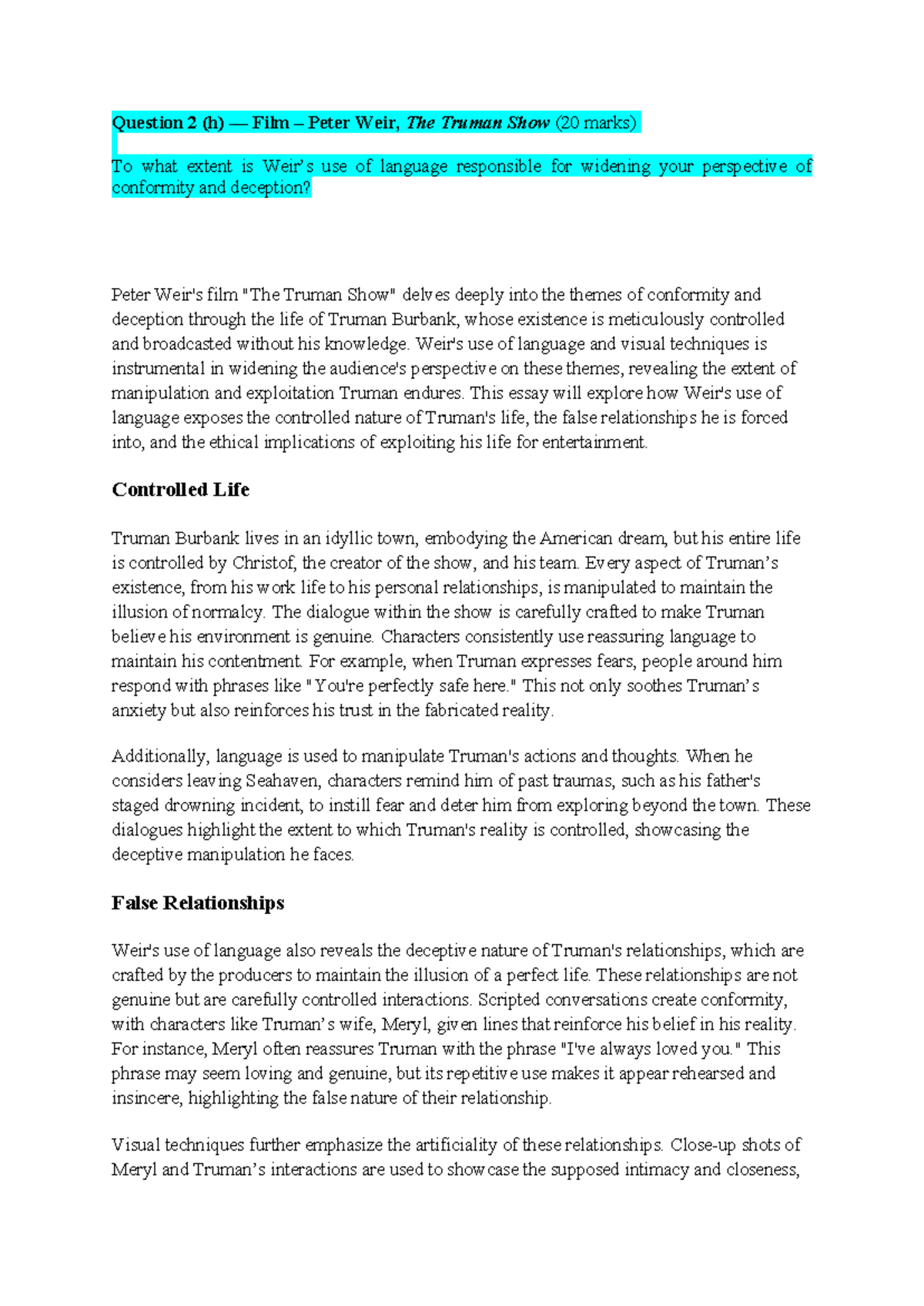 Modual B essay - Question 2 (h) — Film – Peter Weir, The Truman Show ...