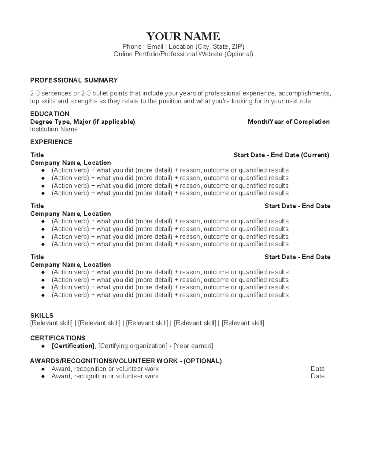 Official Resume Template Entry-Level Recent Grad - 6 6 23 - YOUR NAME ...