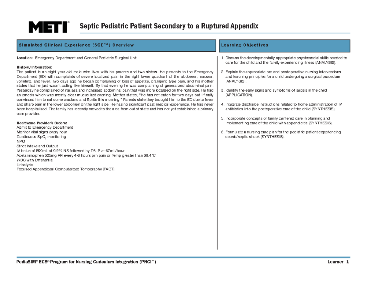 ECS Septic Appendix Peds (Learner) - PediaSIM® ECS® Program for Nursing ...