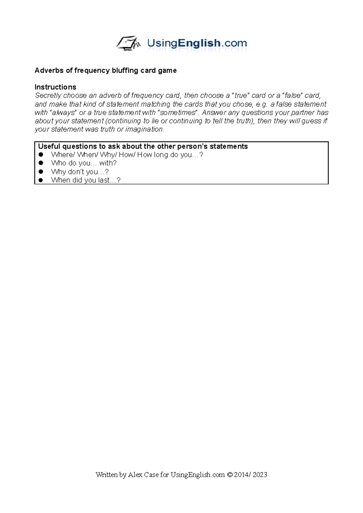 Adverbs of frequency bluffing card game - Written by Alex Case for ...