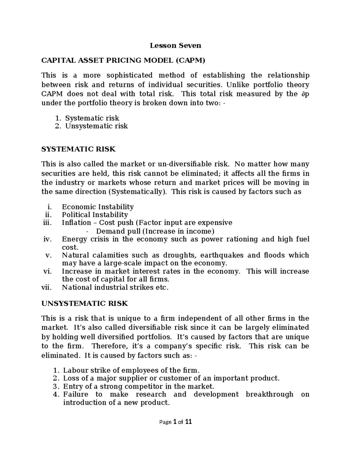 Lesson Seven -Capital Asset Pricing Model - Lesson Seven CAPITAL ASSET PRICING MODEL (CAPM) This ...