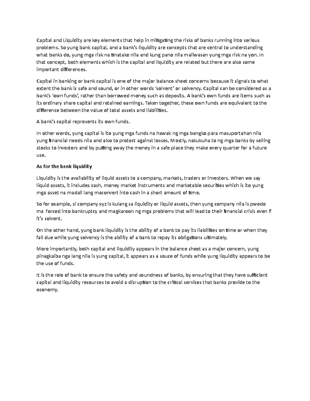 Capital and Liquidity - A note - Capital and Liquidity are key elements ...