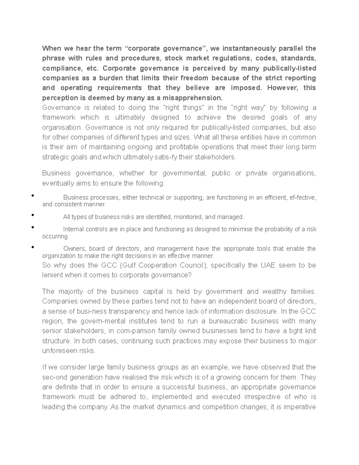 Good governance - definition - When we hear the term “corporate ...