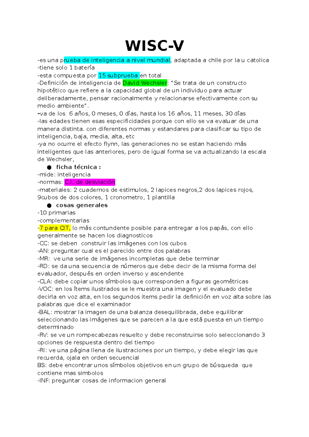 WISC V - son apuntes de la clase y del manual - WISC-V -es una prueba ...